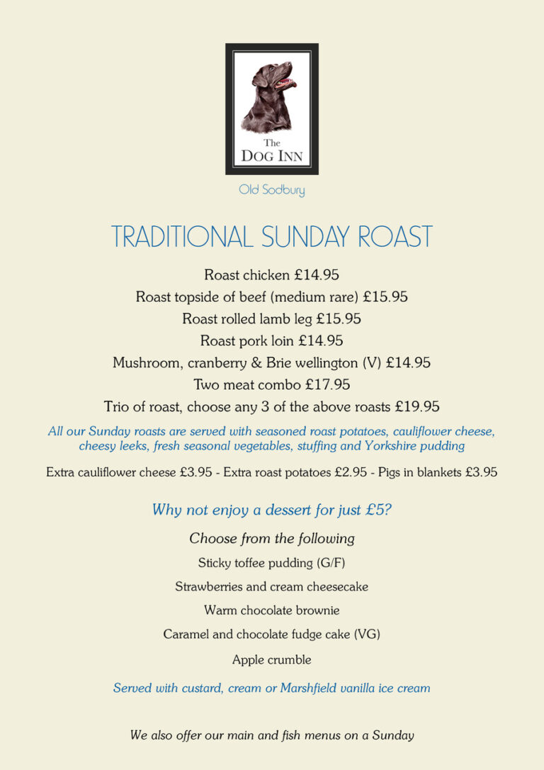 Menus - Dog Inn Old Sodbury