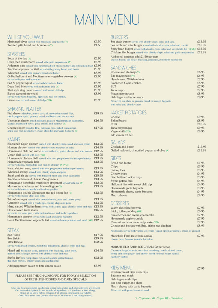 Menus - Dog Inn Old Sodbury