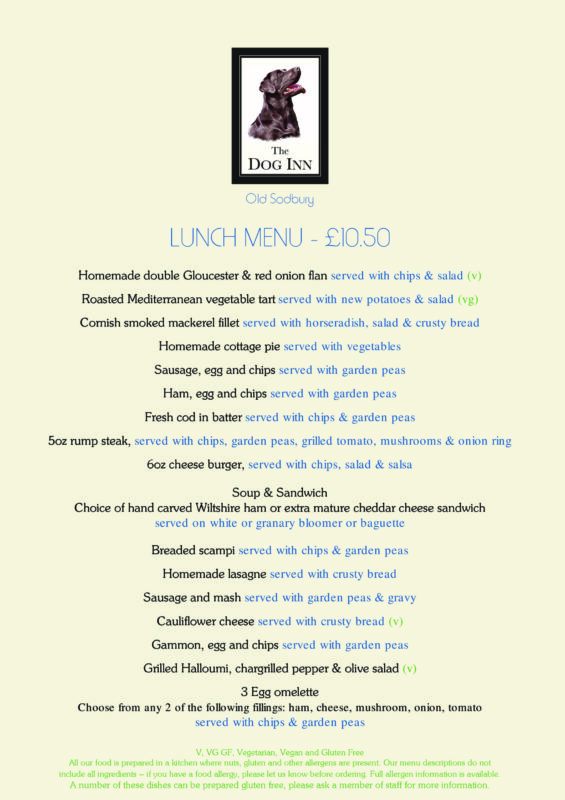 Menus - Dog Inn Old Sodbury